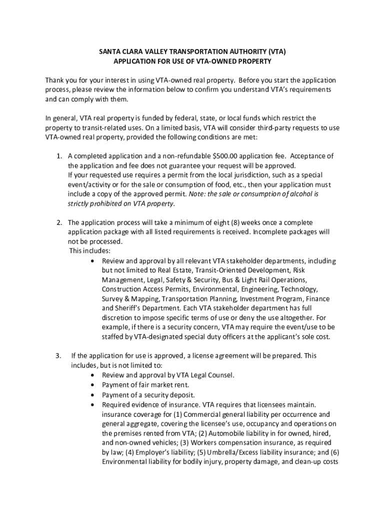 Fillable Online VTA APPLICATION FOR USE OF VTA-OWNED PROPERTY. VTA ...