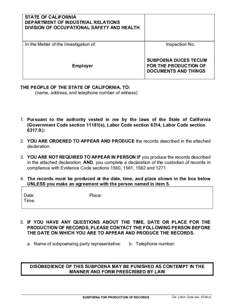 Fillable Online Subpoena Duces Tecum for the Production of Documents ...