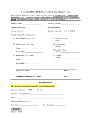 Fillable Online Avon School District Substitute Teacher & Leave Request ... Fax Email Print ...