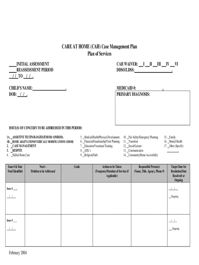 Fillable Online Attachment - Case Management Plan of Services Form ...