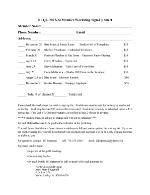 Fillable Online NCQG 2023-24 Member Workshop Sign-Up Sheet Member Name ...