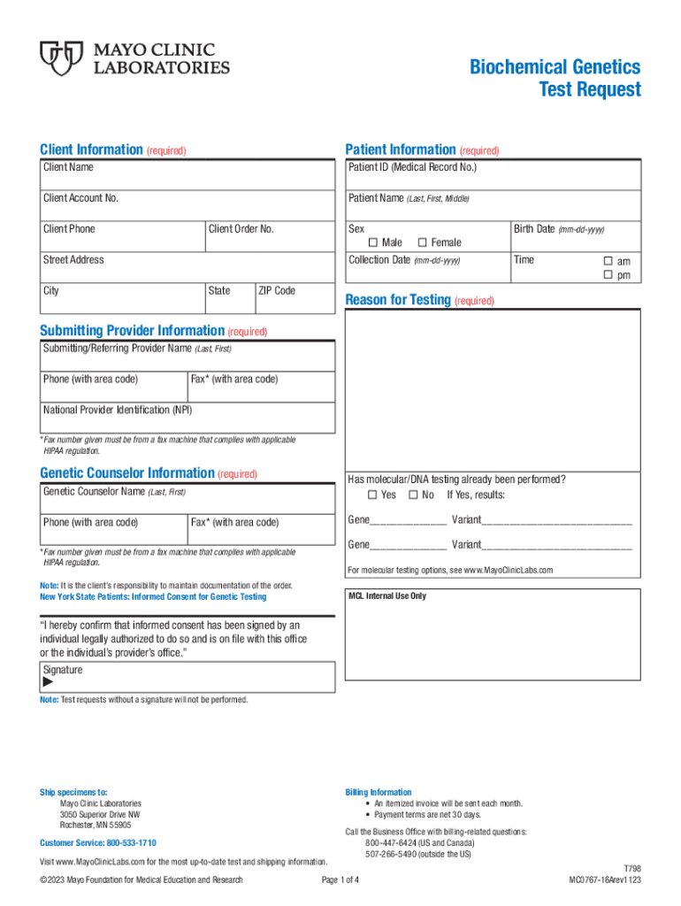 Fillable Online MCL Biochemical Genetics Test Request MC076716A Fax ...