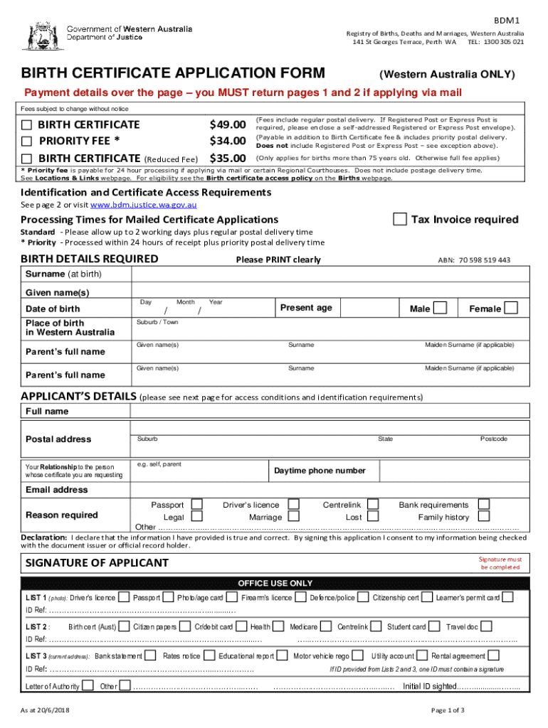 Fillable Online Birth Certificate Application form - BDM1. Application form for requesting a ...