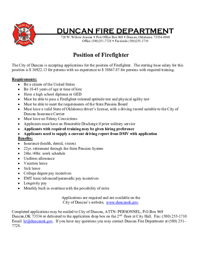 Fillable Online City of Duncan Fire Department Fax Email Print - pdfFiller