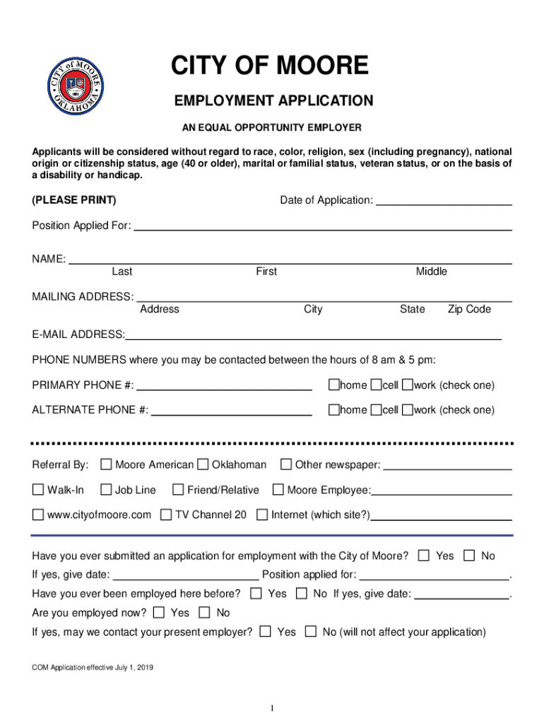 Fillable Online city of moore - employment application Fax Email Print ...