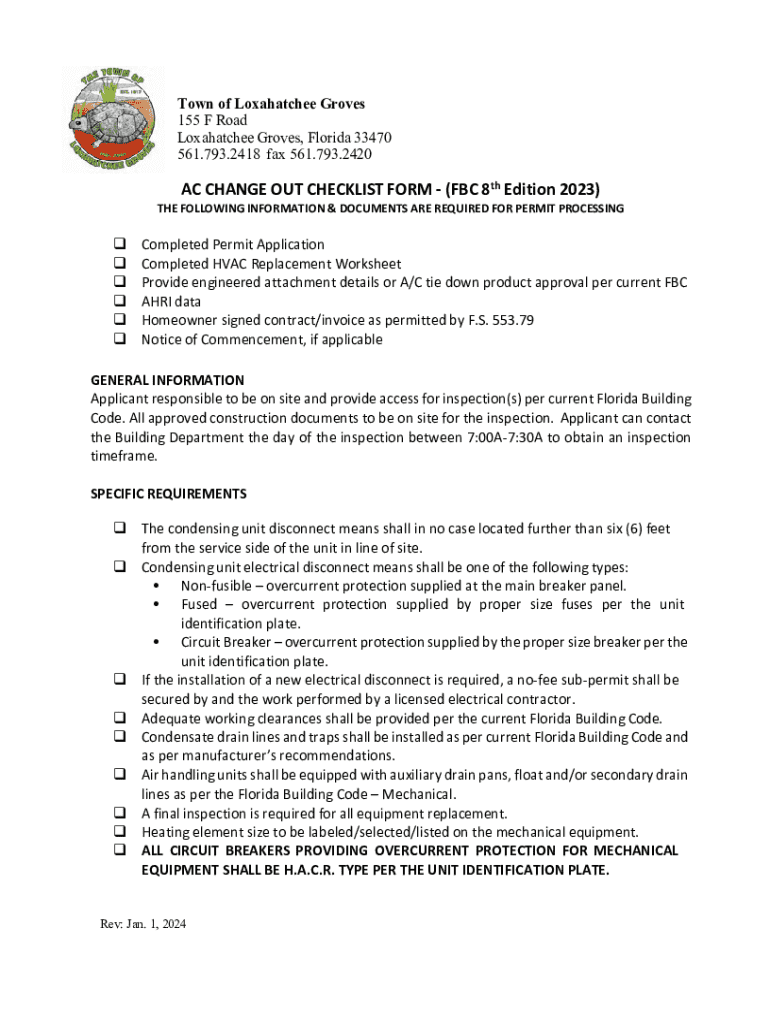 Fillable Online AC CHANGE OUT CHECKLIST FORM(FBC 8th Edition 2023) Fax ...