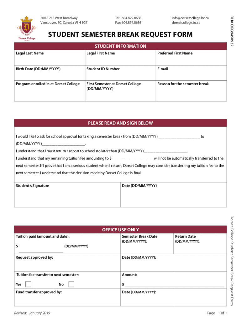Fillable Online dorsetcollege bc STUDENT SEMESTER BREAK REQUEST FORM ...