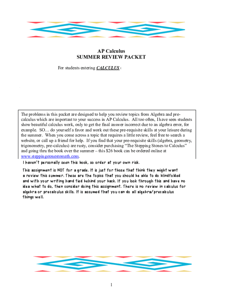 Fillable Online Fillable Online Answers to AP Calculus Summer Review ...