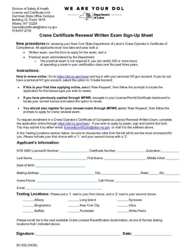 Fillable Online Crane Certificate Renewal Written Exam Sign-Up Sheet ...
