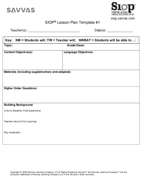 Fillable Online SIOP Lesson Plan Template #1 Fax Email Print - pdfFiller
