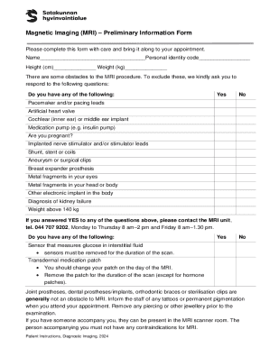 Fillable Online Please bring completed form to your MRI appointment Fax ...