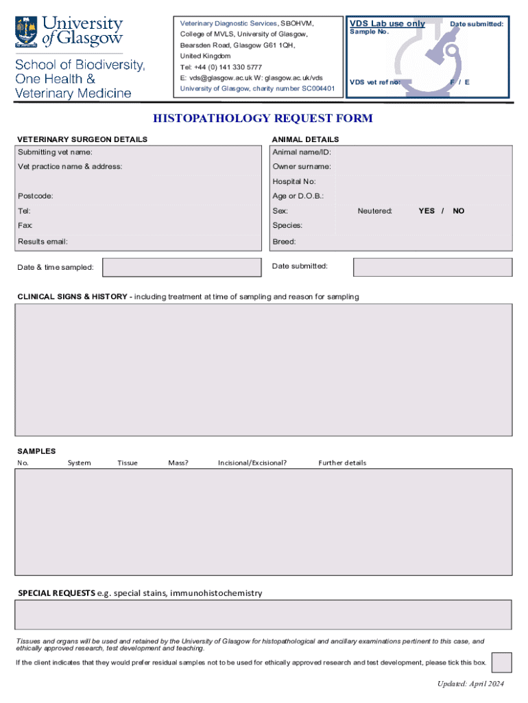 Fillable Online Veterinary Diagnostic Services, University of Glasgow Fax Email Print - pdfFiller