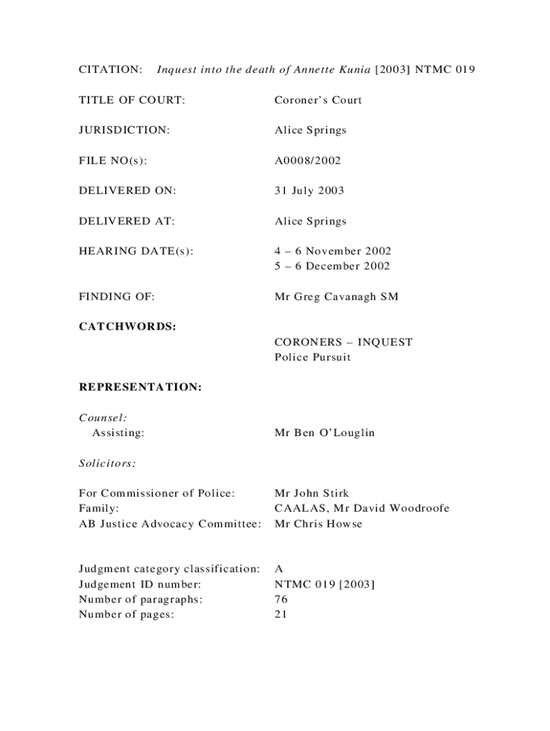 Fillable Online justice nt gov Dates confirmed for coroner's inquest ...