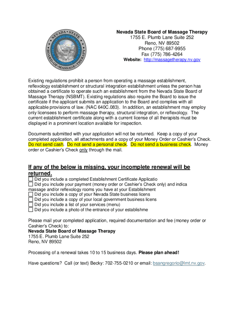Fillable Online massagetherapy nv 3pg Establishment Certificate ...