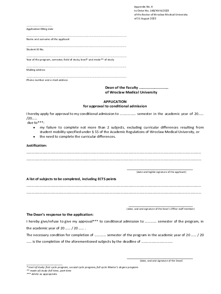 Fillable Online APPLICATION for approval to conditional admission Fax ...