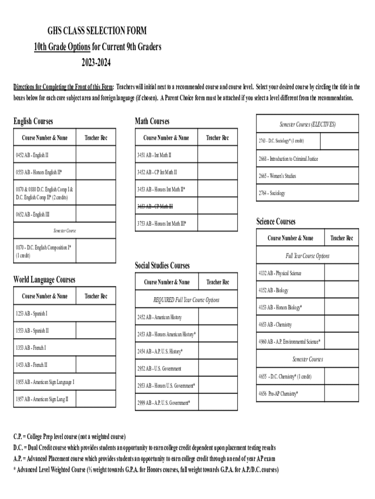 Fillable Online 10th Class Selection Form 2023-2024 Fax Email Print - pdfFiller