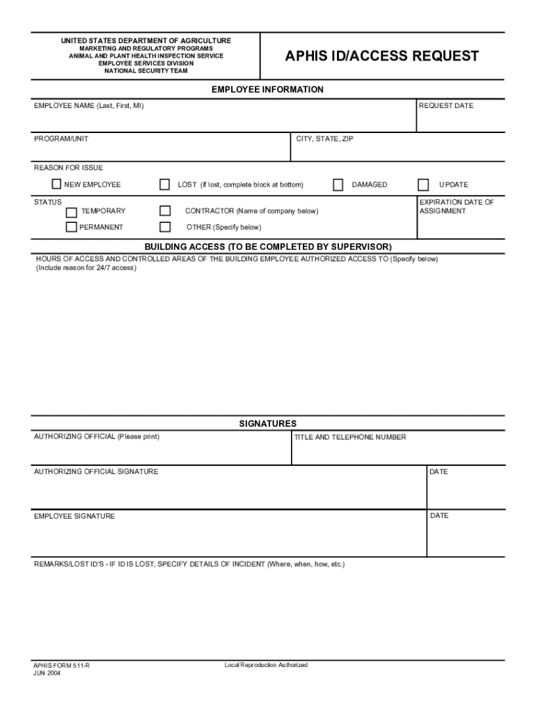 Fillable Online APHIS Form 511 APHIS ID/Access Request Fax Email Print ...