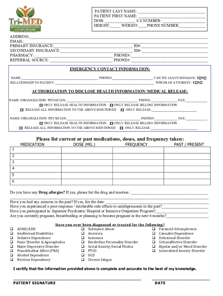 Fillable Online Please list current or past medications, doses, and ...