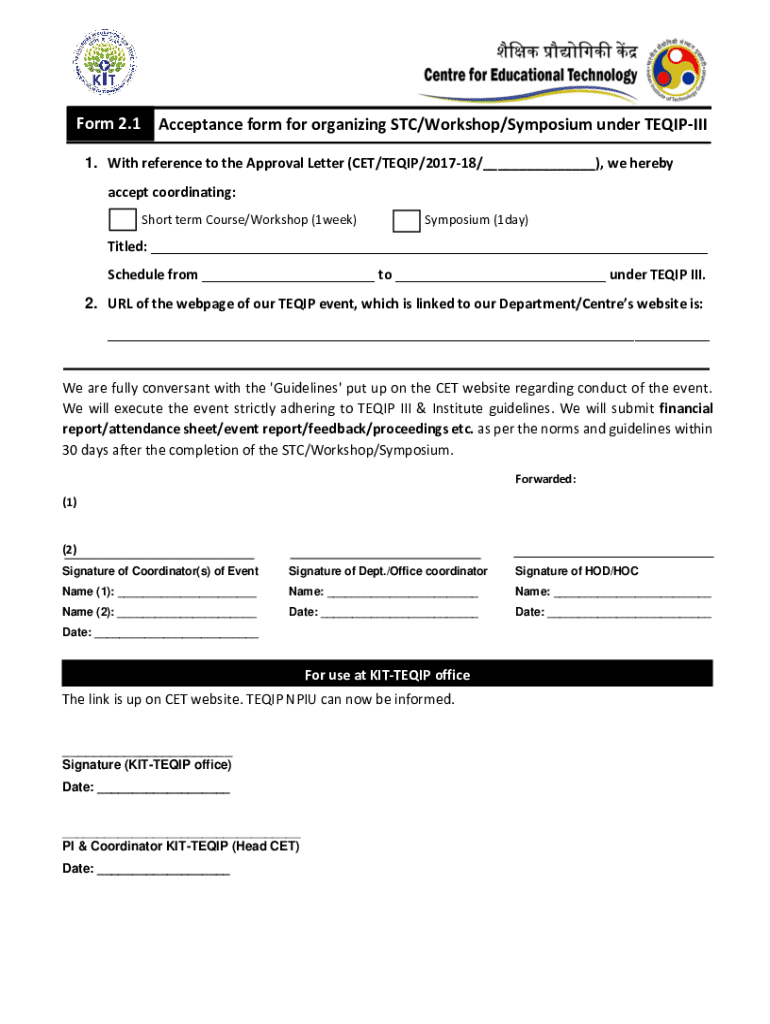Fillable Online Form 2.1 Acceptance form for organizing STC/Workshop ...