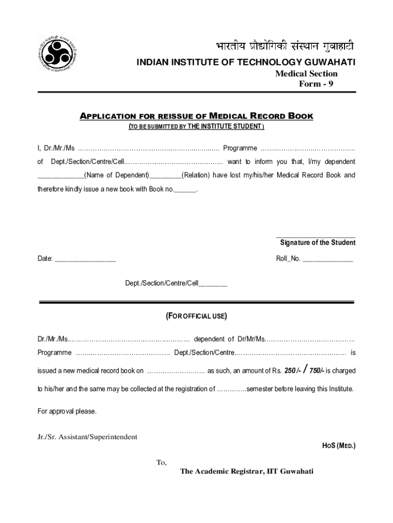 Fillable Online 9 APPLICATION FOR REISSUE OF MEDICAL RECORD ... Fax ...