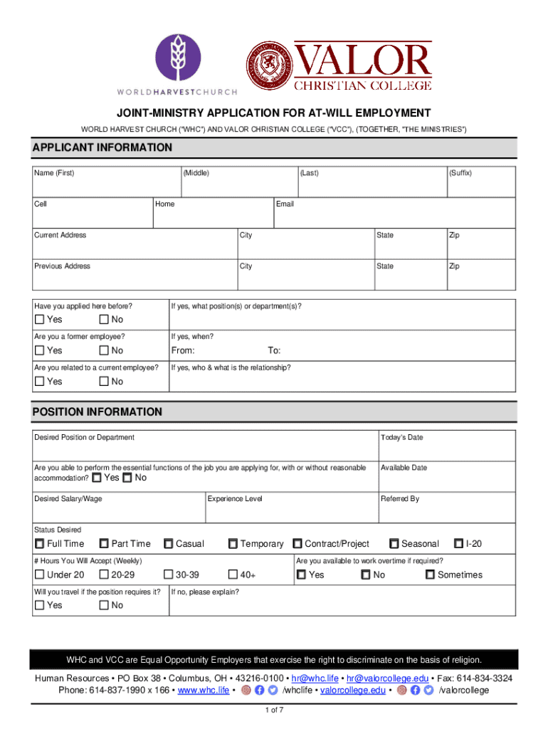 Fillable Online joint-ministry application for at-will employment Fax ...