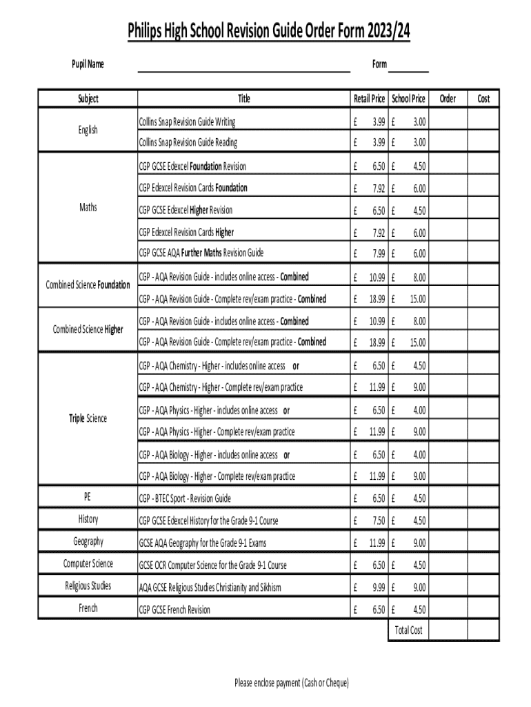 Fillable Online Philips High School Revision Guide Order Form 2023/24 ...