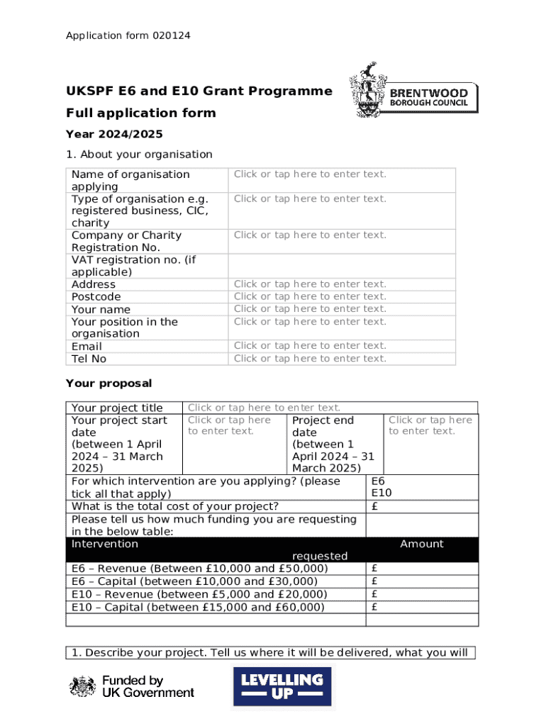 UKSPF E6 and E10 Grant Programme Full application Doc Template | pdfFiller