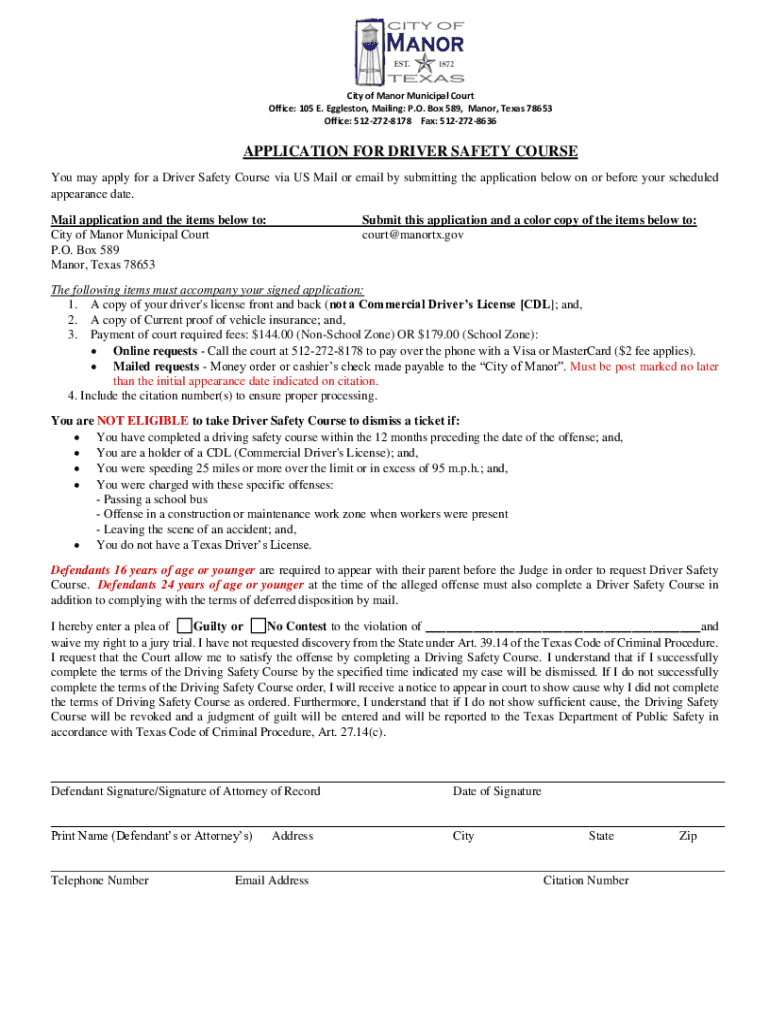 Fillable Online Manor Municipal Court, 105 E Eggleston St, Manor, TX ...