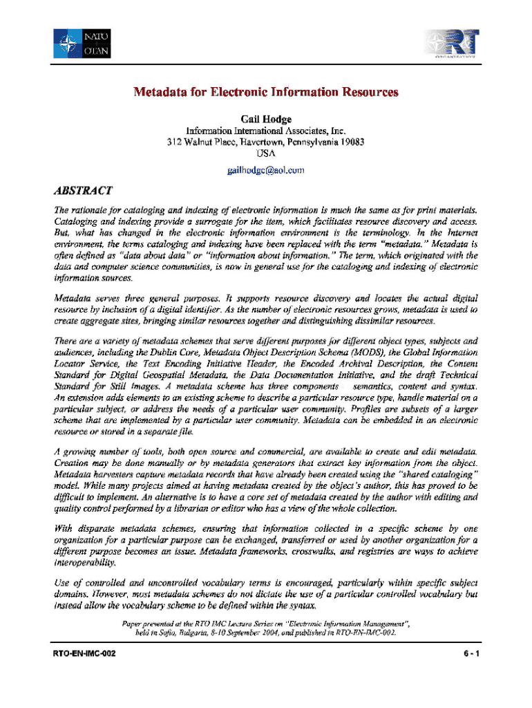 Fillable Online Metadata for Electronic Information Resources. The ...