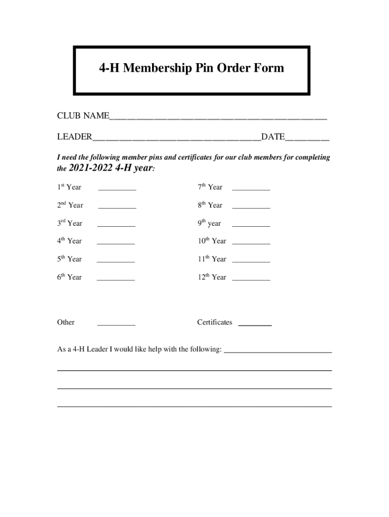 Fillable Online 4-H Membership Pin Order Form Fax Email Print - pdfFiller