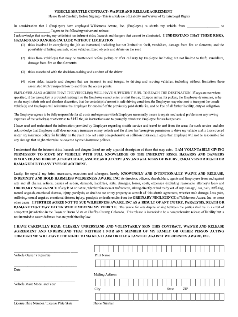 Fillable Online vehicle shuttle contract- waiver and release agreement ...