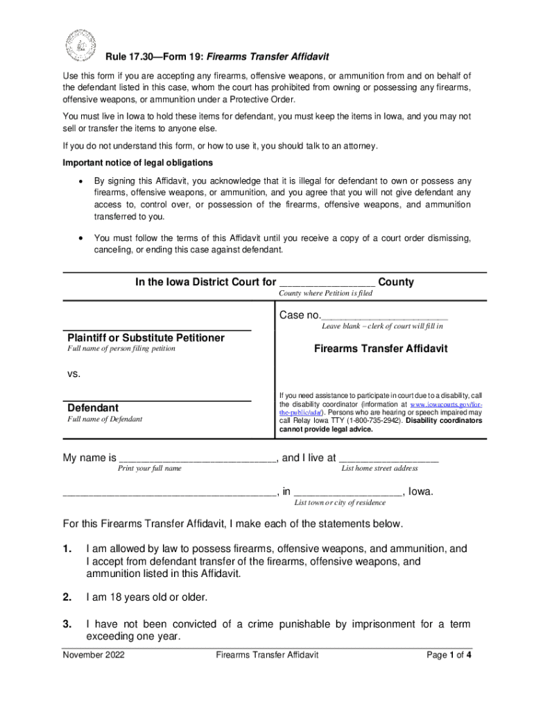 Fillable Online Rule 17.30Form 19: Firearms Transfer Affidavit Fax ...