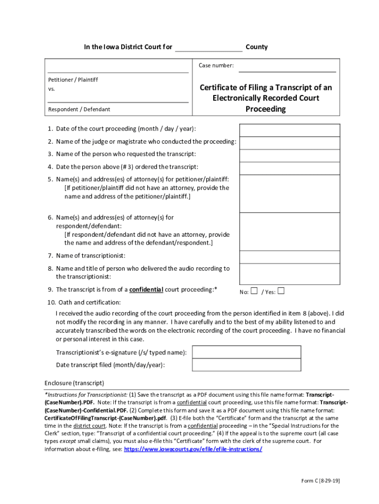 Fillable Online Certificate of Filing a Transcript of an Electronically ...