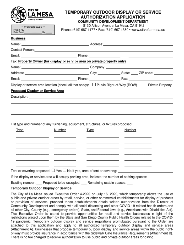 Fillable Online TEMPORARY OUTDOOR DISPLAY OR SERVICE AUTHORIZATION ...