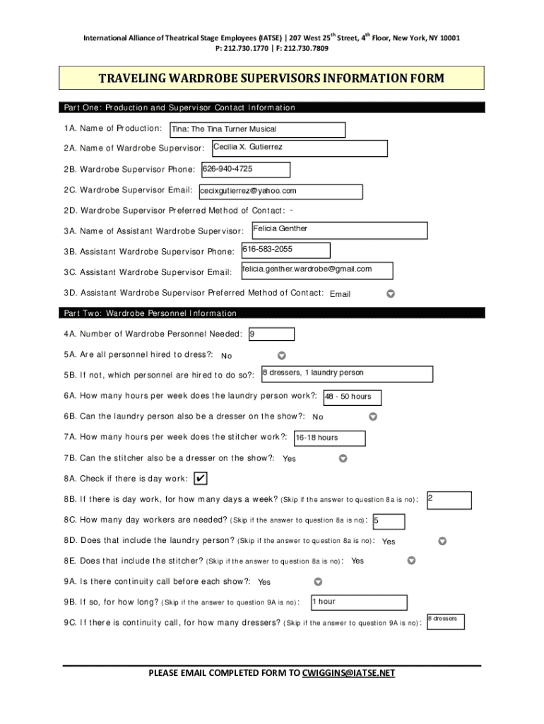 Fillable Online TRAVELING WARDROBE SUPERVISORS INFORMATION FORM Fax ...