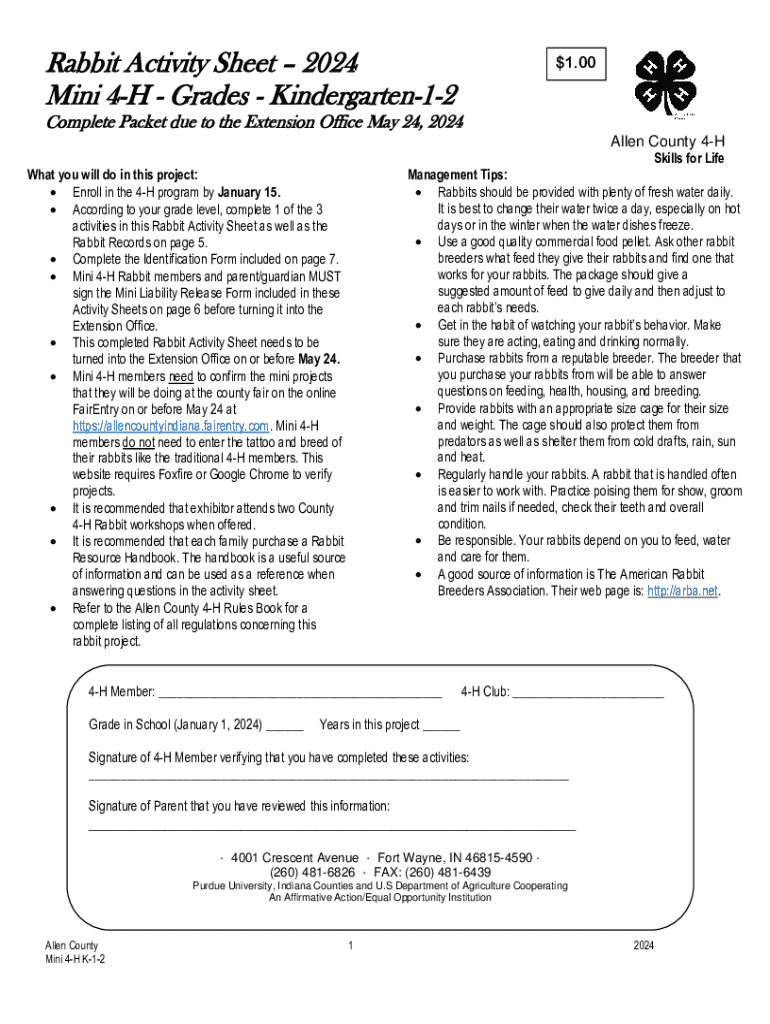 Fillable Online extension purdue Rabbit Activity Sheet2024 Mini 4-H ...
