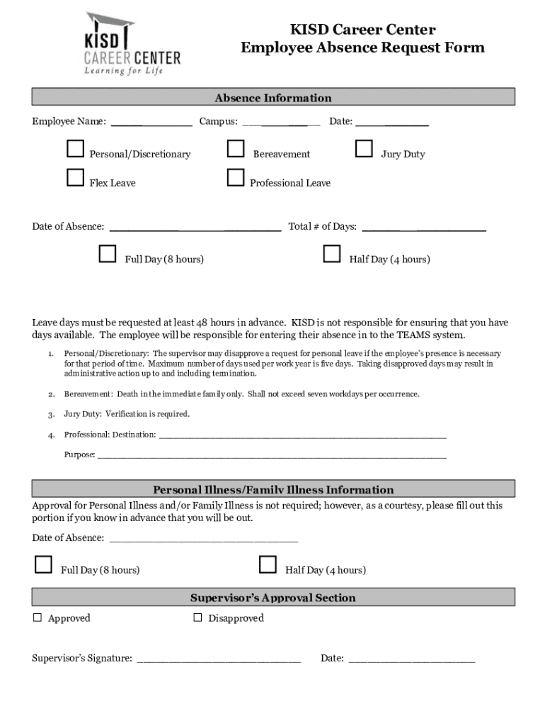 Fillable Online KISD Career Center Employee Absence Request Form Fax ...