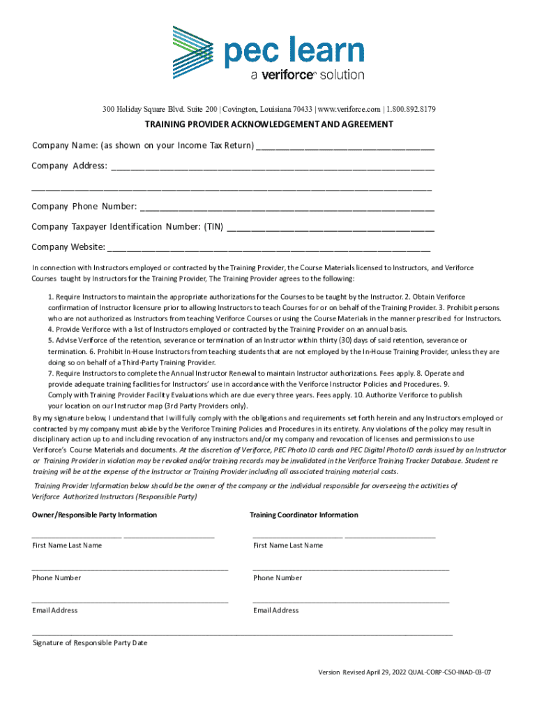 Fillable Online TRAINING PROVIDER ACKNOWLEDGEMENT AND AGREEMENT ... Fax Email Print - pdfFiller