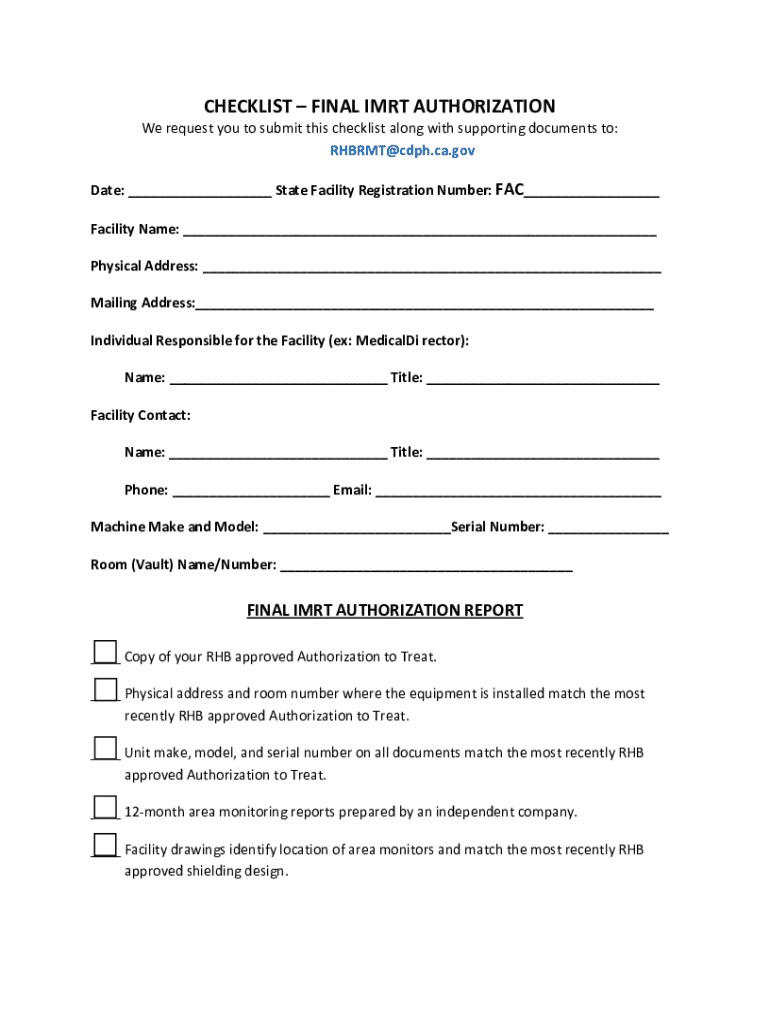Fillable Online Checklist - Final IMRT Authorization. Checklist - Final IMRT Authorization Fax ...