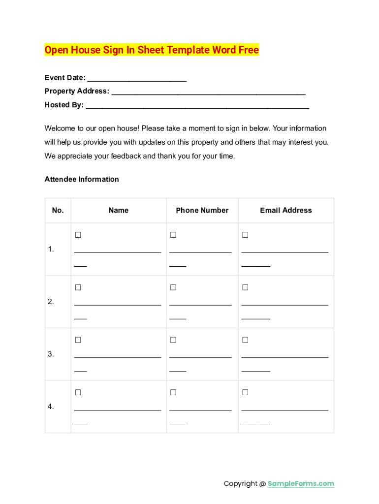 Fillable Online Open House Sign In Sheet Template Word Free Fax Email ...