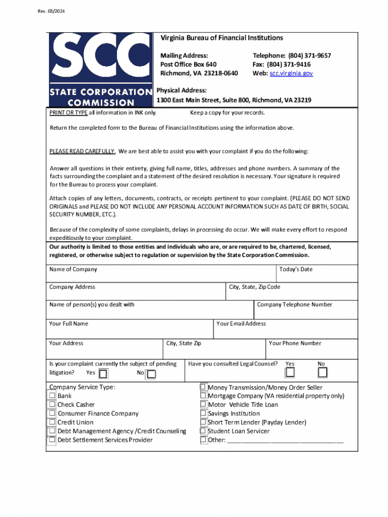 Fillable Online Bureau of Financial Institutions Complaint Form ...