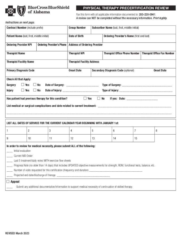 Fillable Online providers bcbsal Physical Therapy Precertification ...