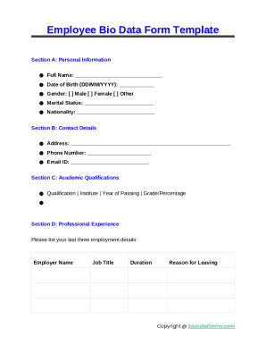 Customizable Employee Bio Data Template Doc Template | pdfFiller