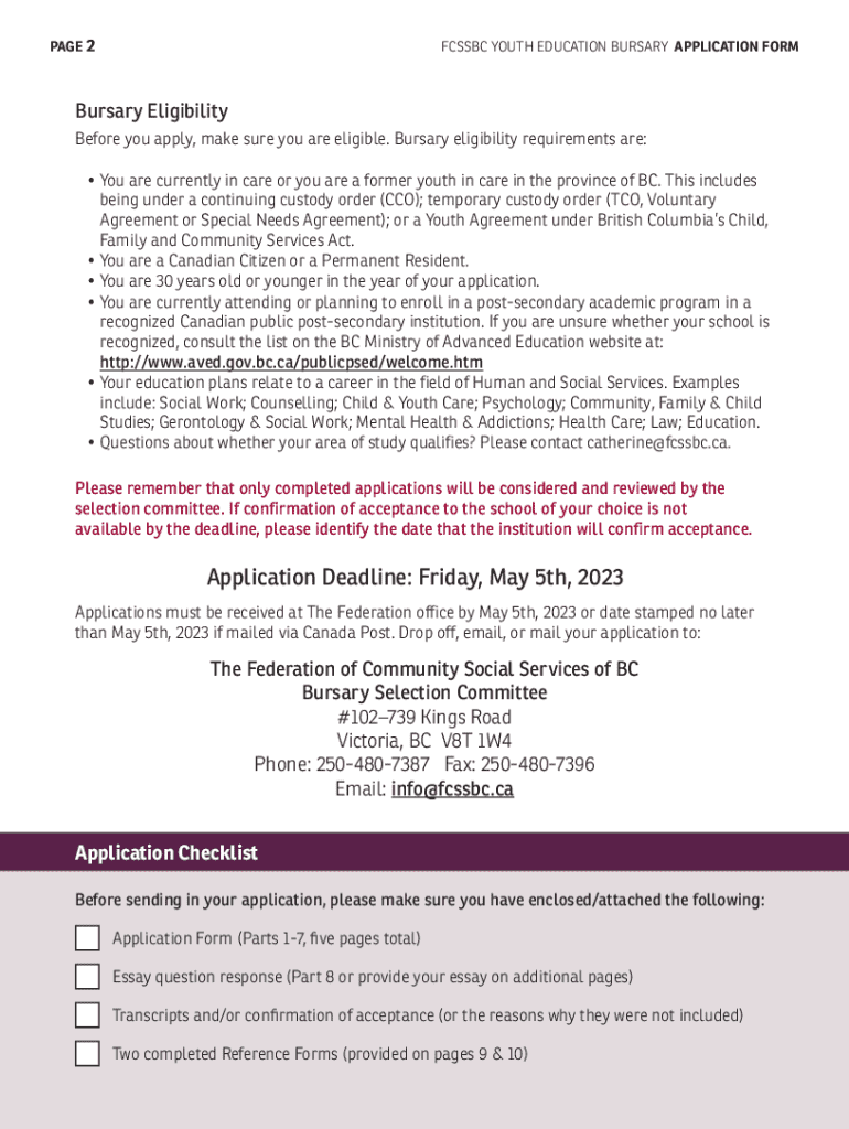 Fillable Online FCSSBC Youth Education Bursary 2023 Application Form Fax Email Print - pdfFiller