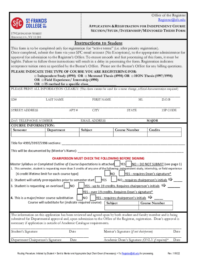 Fillable Online Last day to add Independent Study/Internship/Thesis courses Fax Email Print ...