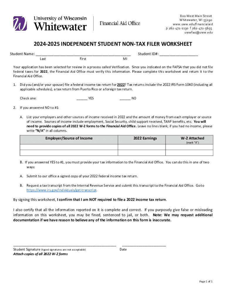 Fillable Online 2021-2022 Independent Student Non-Tax Filer Worksheet. ... Fax Email Print ...