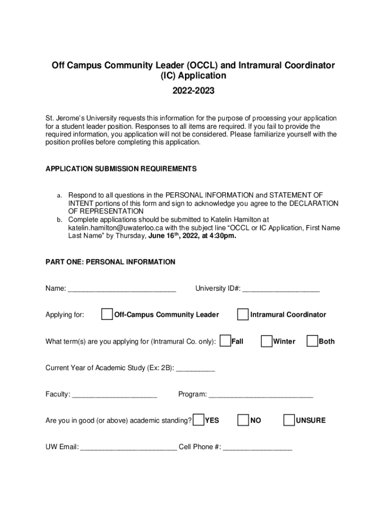 Fillable Online Student Leader Application - On-Campus Living Fax Email ...