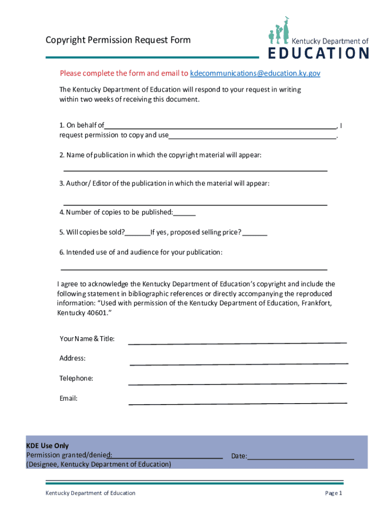 Fillable Online Kentucky Department of Education Copyright Permission ...