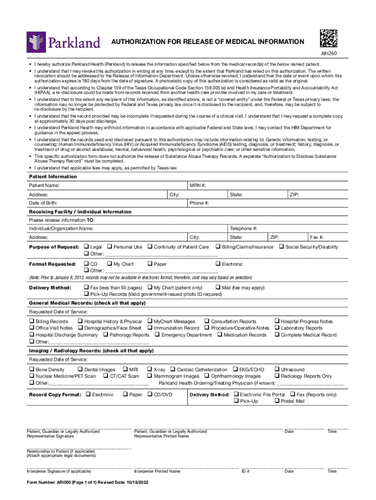 Completable En línea 2022-2024 Form TX Parkland Health ARI005 Fill Online ... Fax Email Imprimir ...