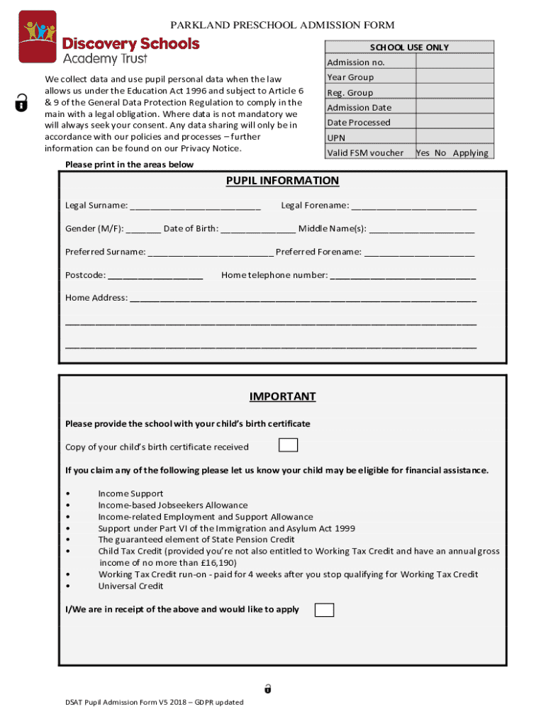 Fillable Online parklandprimary co Fillable Online Admission Forms - Parkland College Fax Email ...